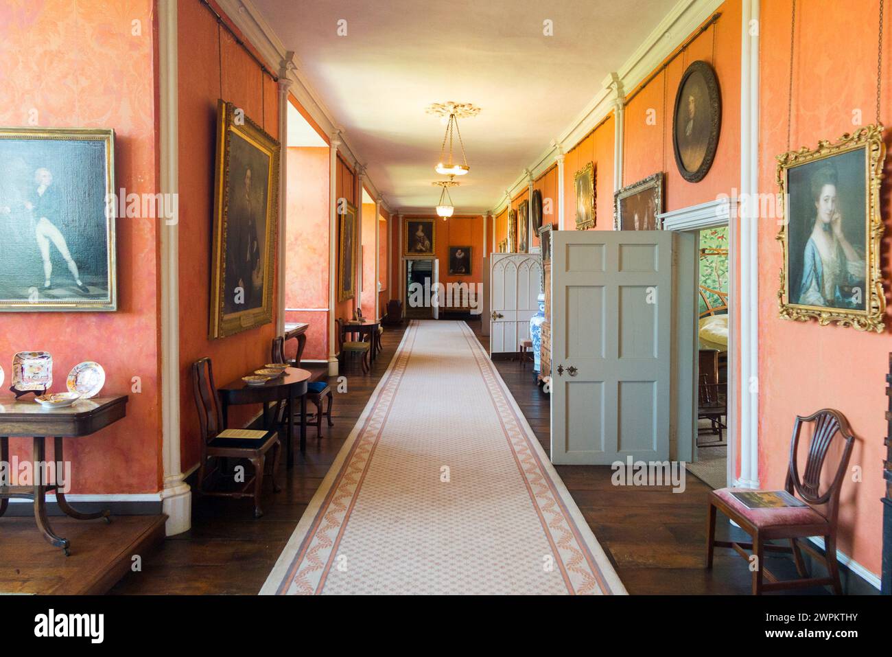 Long Gallery landing corridor inside / interior of Broughton Castle, a ...