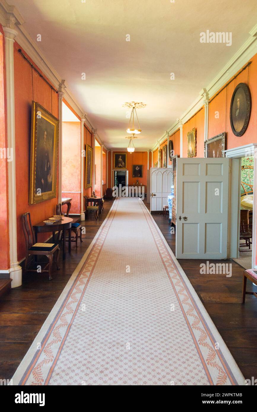 Long Gallery landing corridor inside / interior of Broughton Castle, a ...