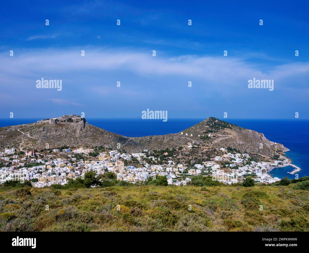 Platanos and Medieval Castle of Pandeli, elevated view, Agia Marina ...