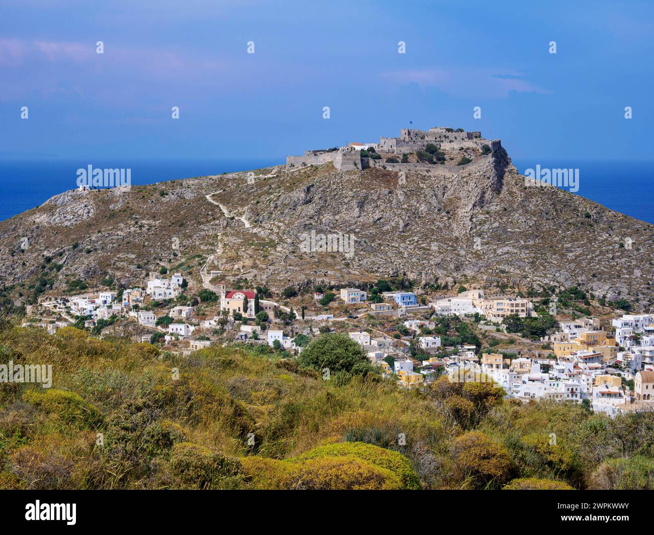 Platanos and Medieval Castle of Pandeli, elevated view, Agia Marina ...
