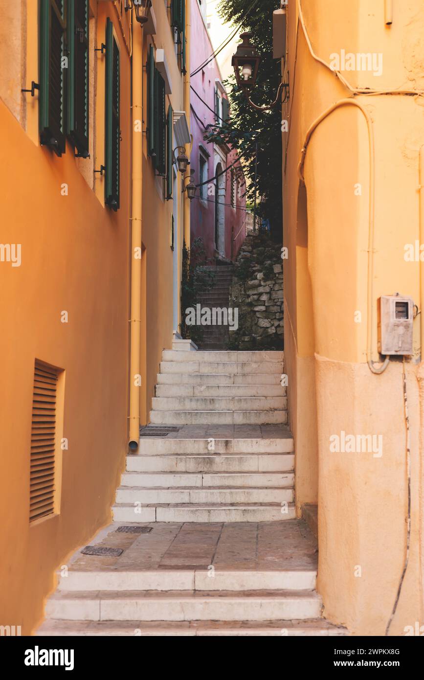 Corfu street view, Kerkyra old town beautiful cityscape, Ionian sea ...