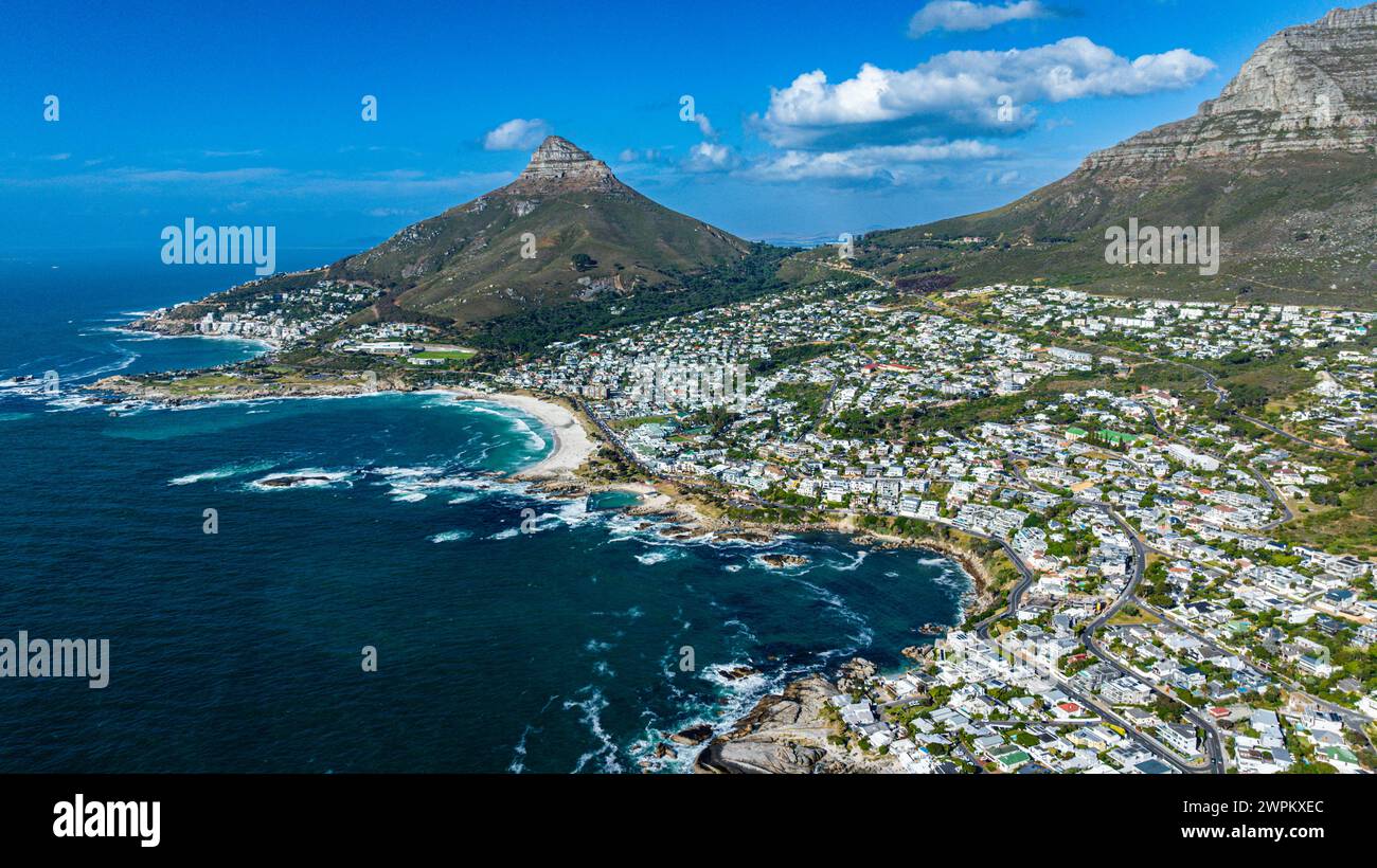 Aerial of the Twelve Apostles and Camps Bay, Cape Town, South Africa ...