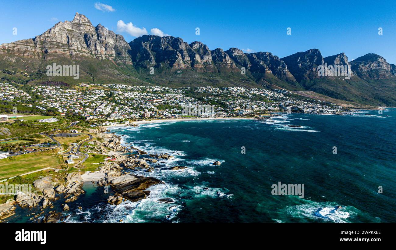 Aerial of the Twelve Apostles and Camps Bay, Cape Town, South Africa ...