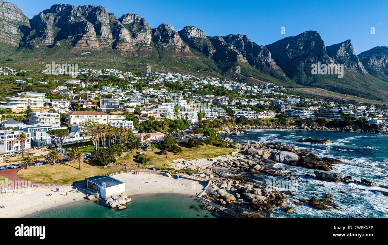 Aerial of the Twelve Apostles and Camps Bay, Cape Town, South Africa ...