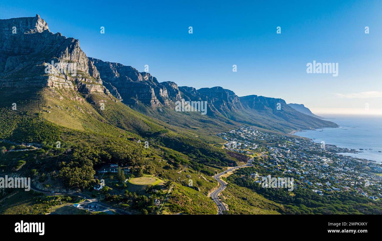 Aerial of the Table Mountain and the Twelve Apostles, Cape Town, South ...