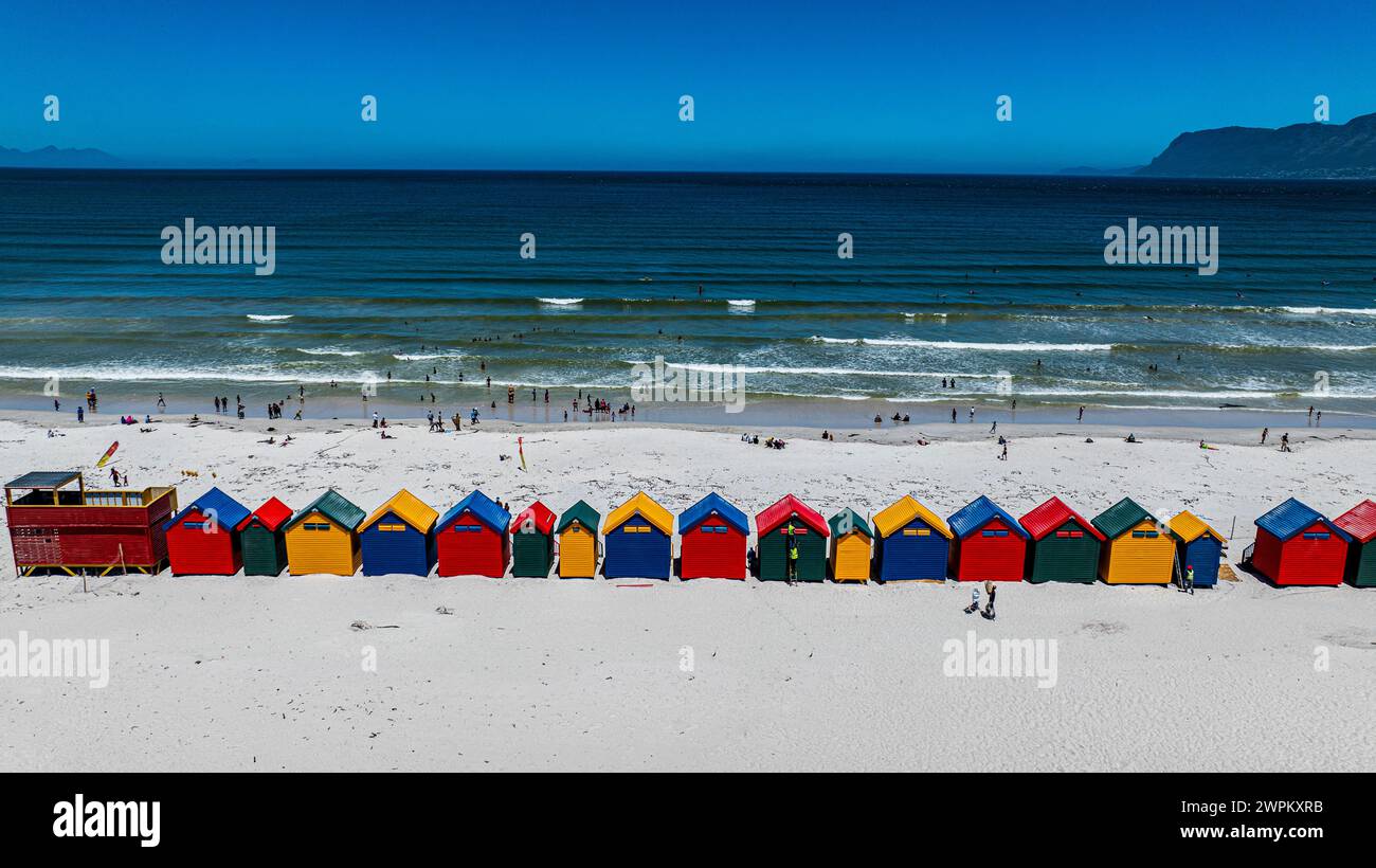 Aerial of the colourful beach huts on the beach of Muizenberg, Cape ...