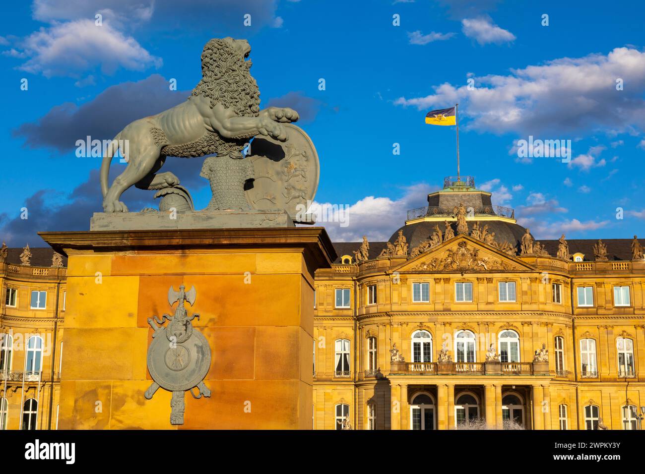 Lion statue at entrance, Neues Schloss (New Palace), Neues Schloss ...