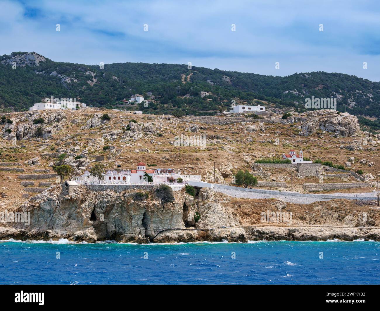 View towards the Chapel and Cemetery in Pigadia, Karpathos Island ...