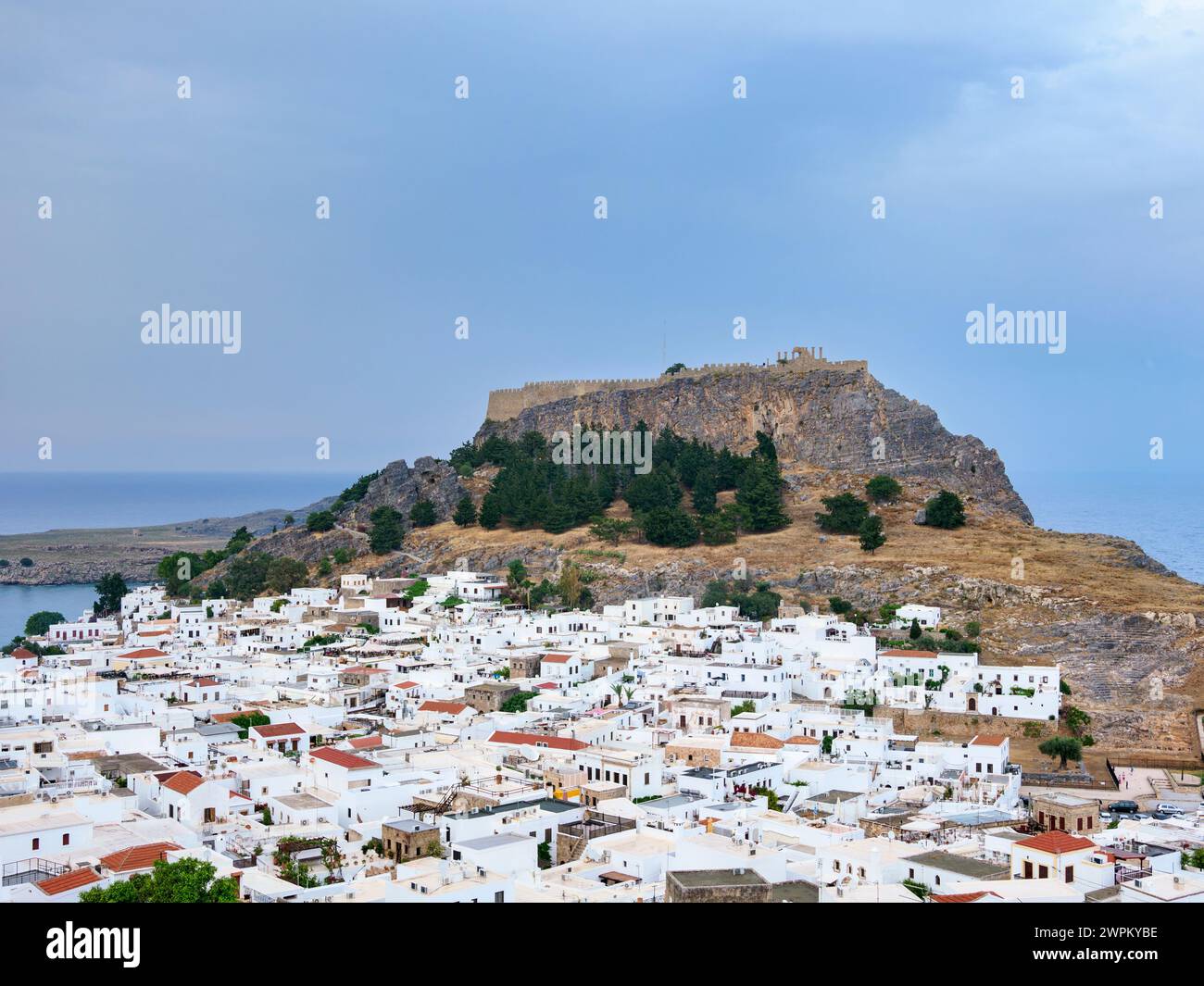 View towards the Acropolis of Lindos, Rhodes Island, Dodecanese, Greek ...