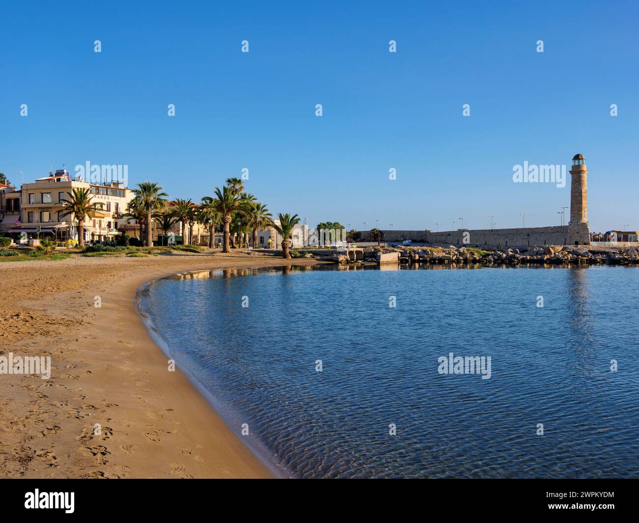 View over Rethymnon Beach towards the Old Lighthouse, City of Rethymno ...