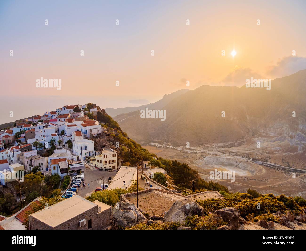 Nikia Village and Stefanos Volcano Crater at sunset, elevated view ...