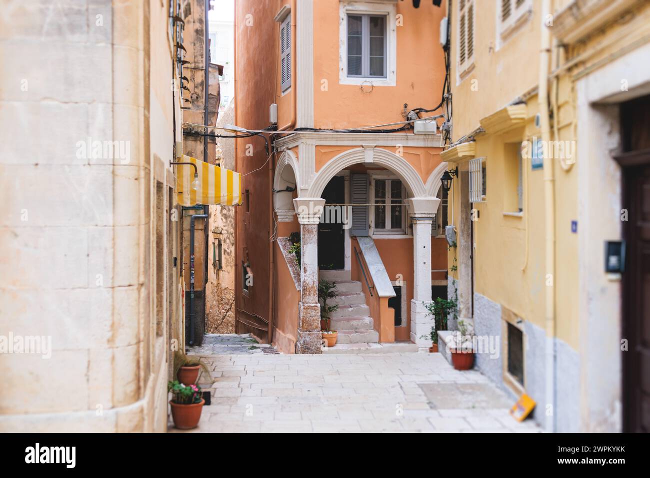 Corfu street view, Kerkyra old town beautiful cityscape, Ionian sea ...