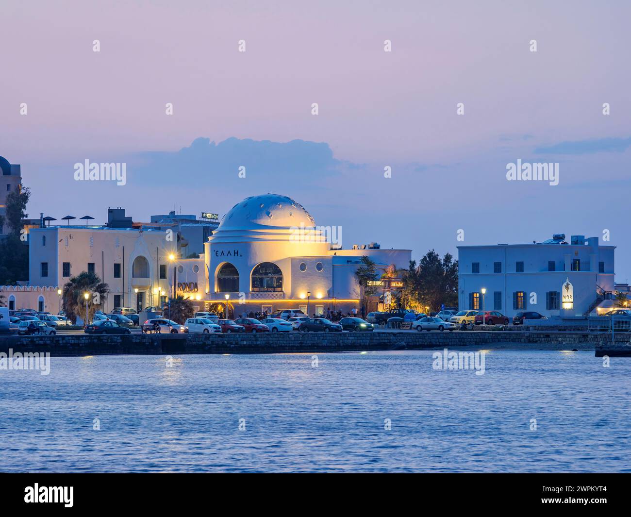 View towards the Elli Nightclub at dusk, Rhodes City, Rhodes Island ...