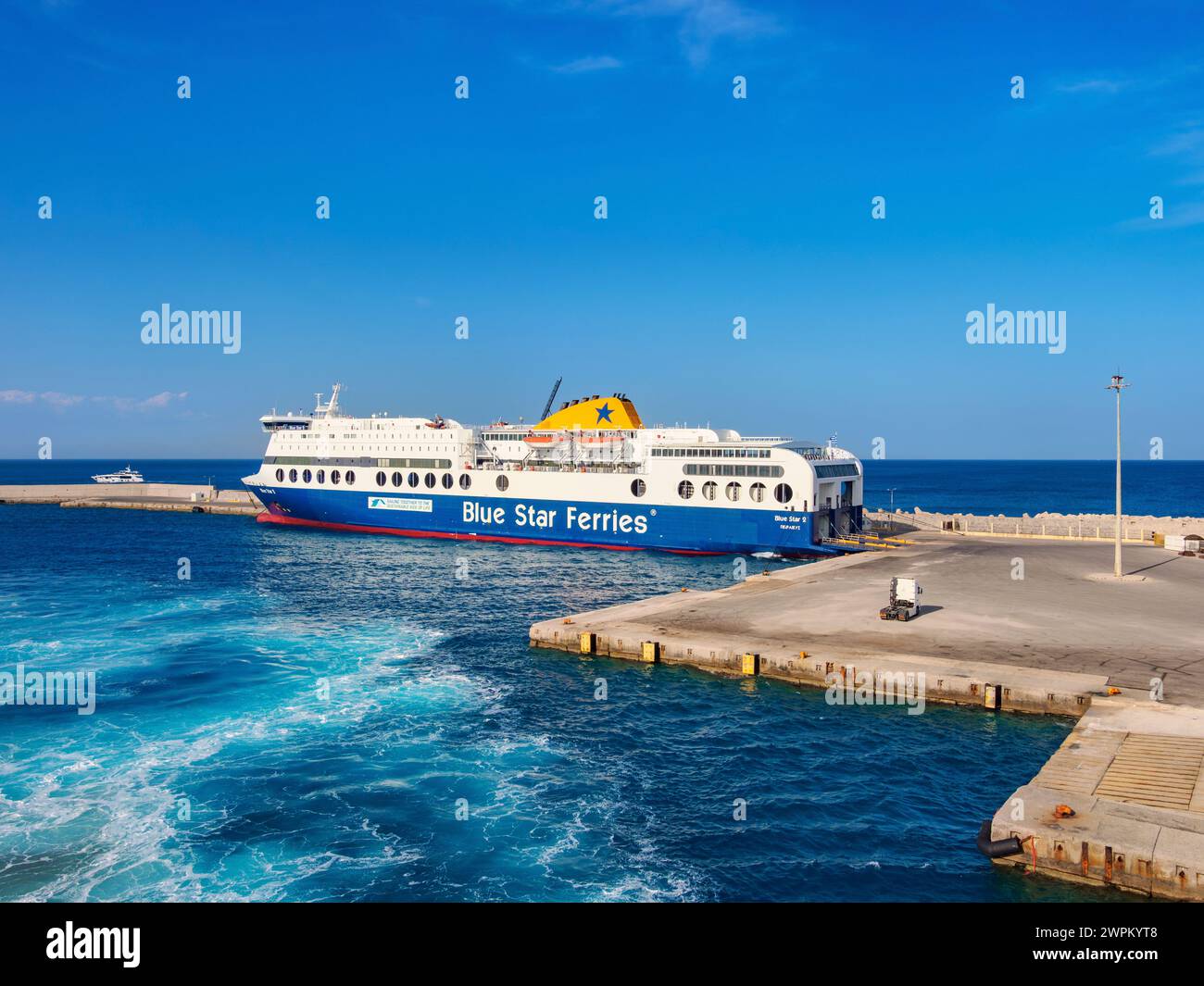 Blue Star Ferries ship at Ferry Terminal, Rhodes City, Rhodes Island, Dodecanese, Greek Islands ...