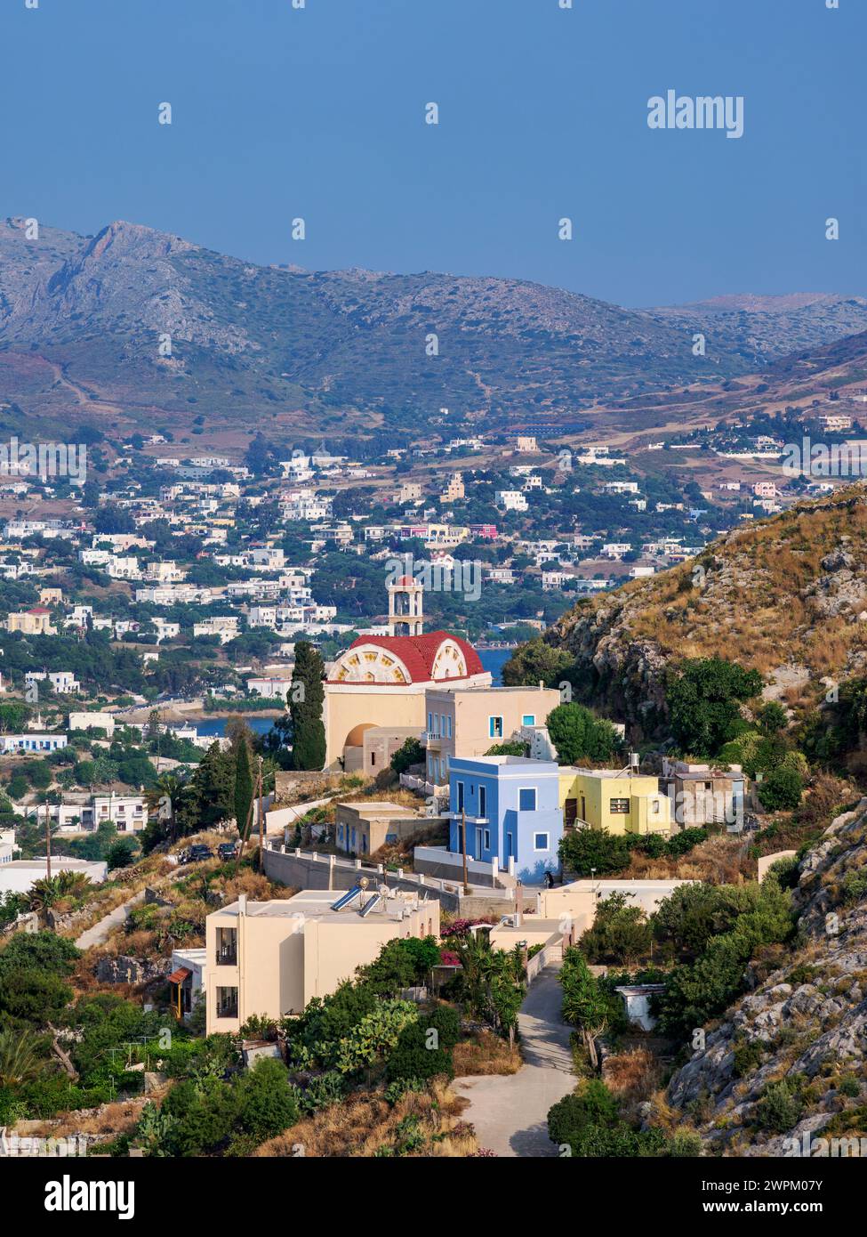 View towards the Church of Agia Paraskevi, Agia Marina, Leros Island ...