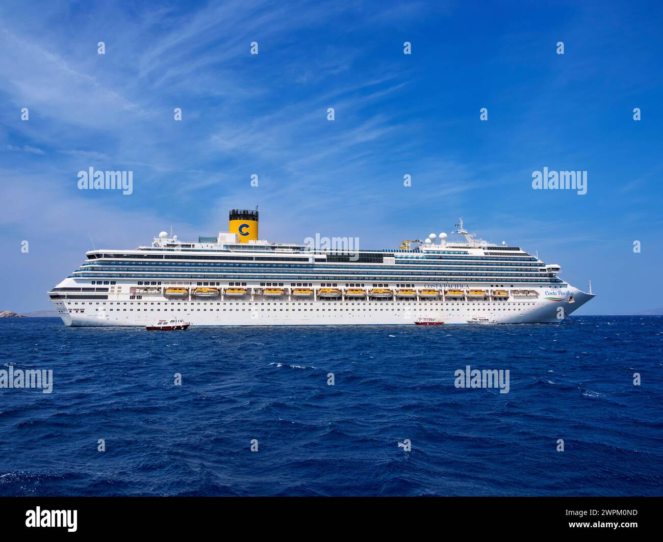 Cruise Ship off the coast of Mykonos Island, Cyclades, Greek Islands ...