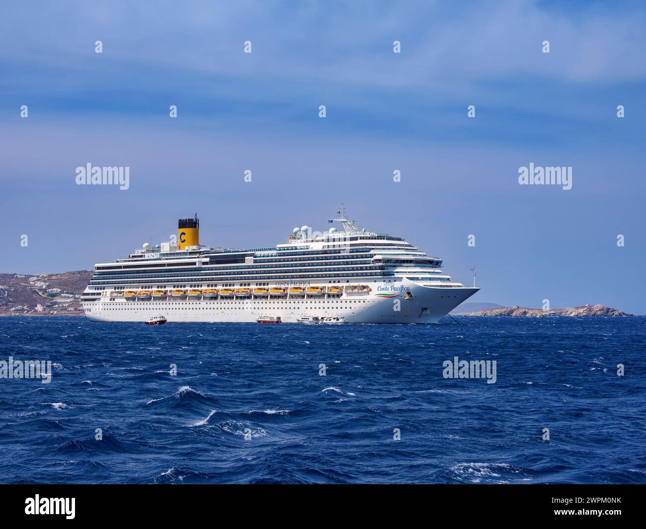 Cruise Ship off the coast of Mykonos Island, Cyclades, Greek Islands ...