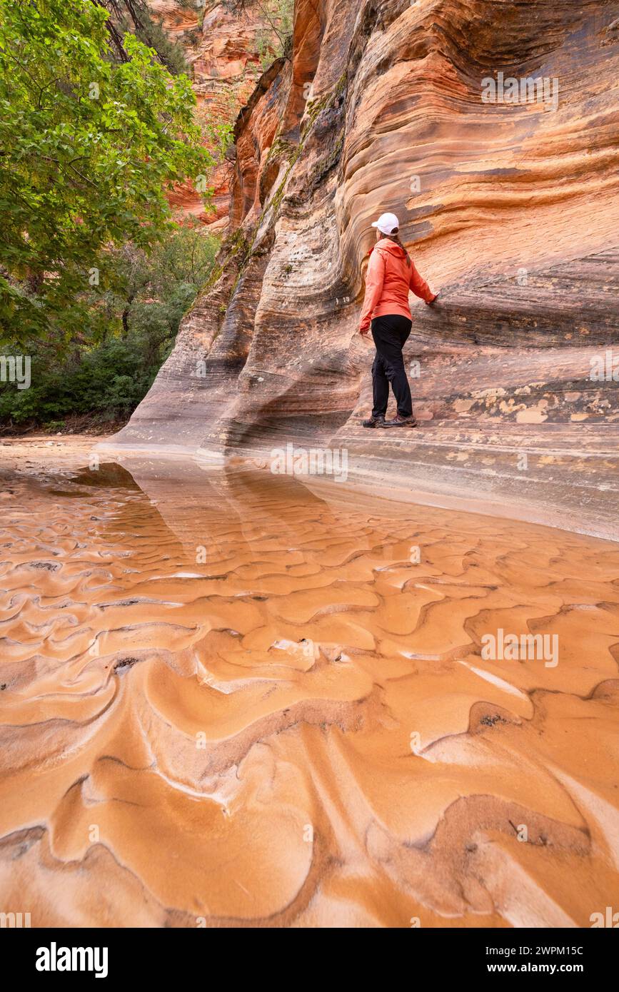 A girl admiring the beautiful rock formations in Zion National Park ...