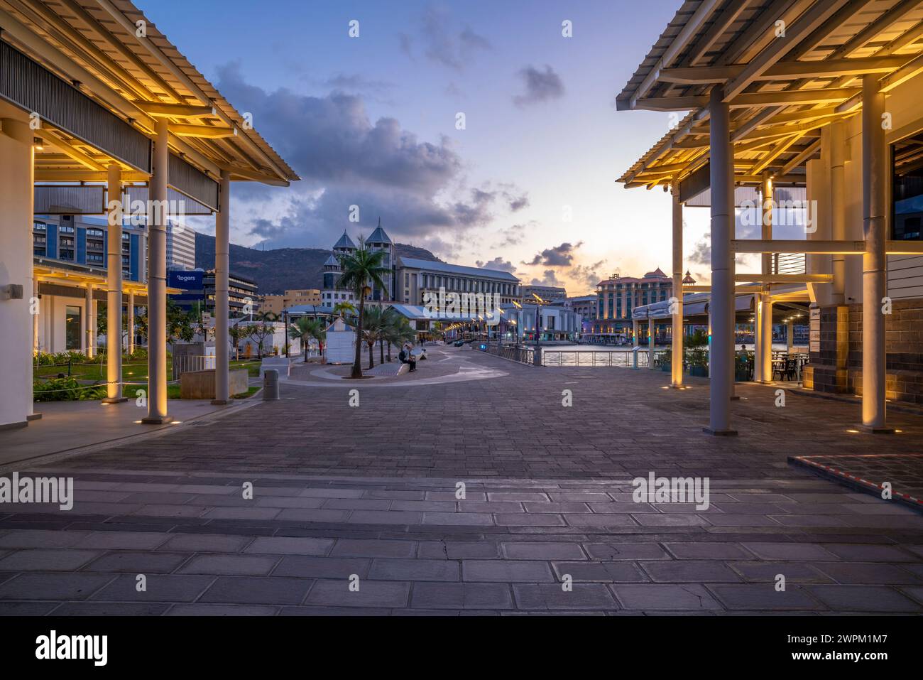 View of Caudan Waterfront in Port Louis at dusk, Port Louis, Mauritius ...