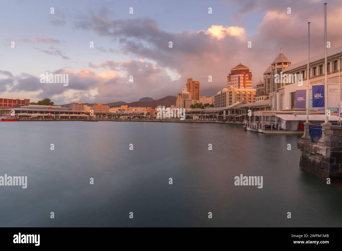 View of Caudan Waterfront in Port Louis at sunset, Port Louis ...
