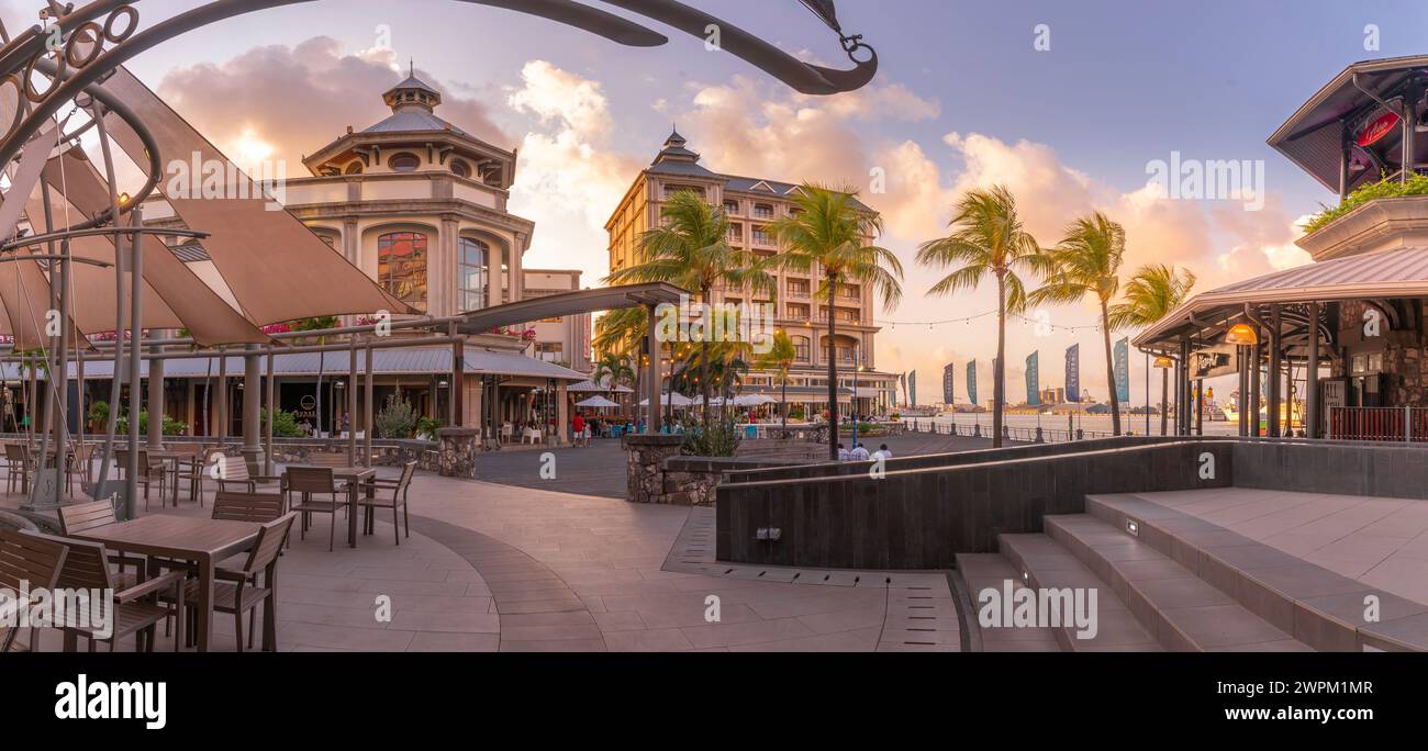 View of Place du Caudan in Caudan Waterfront in Port Louis at sunset ...