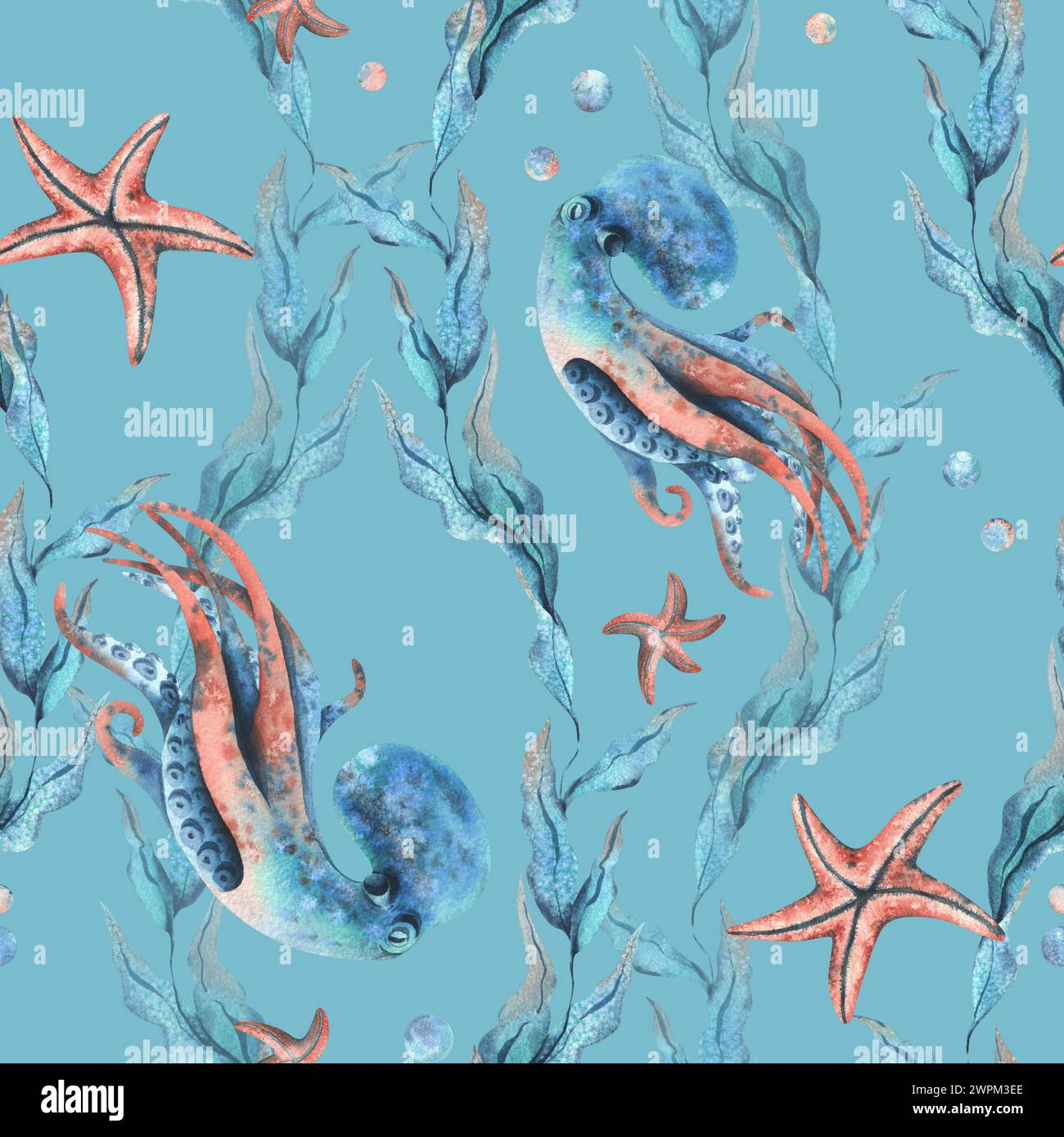 Underwater world clipart with sea animals octopus, starfish, bubbles ...