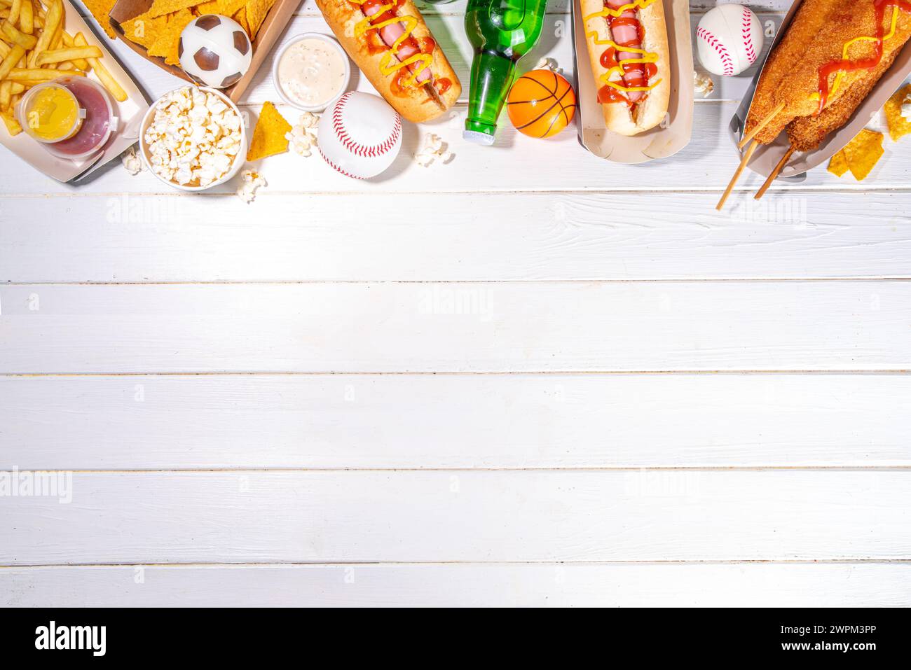 Traditional sport stadium foods and beer background, Set of various ...