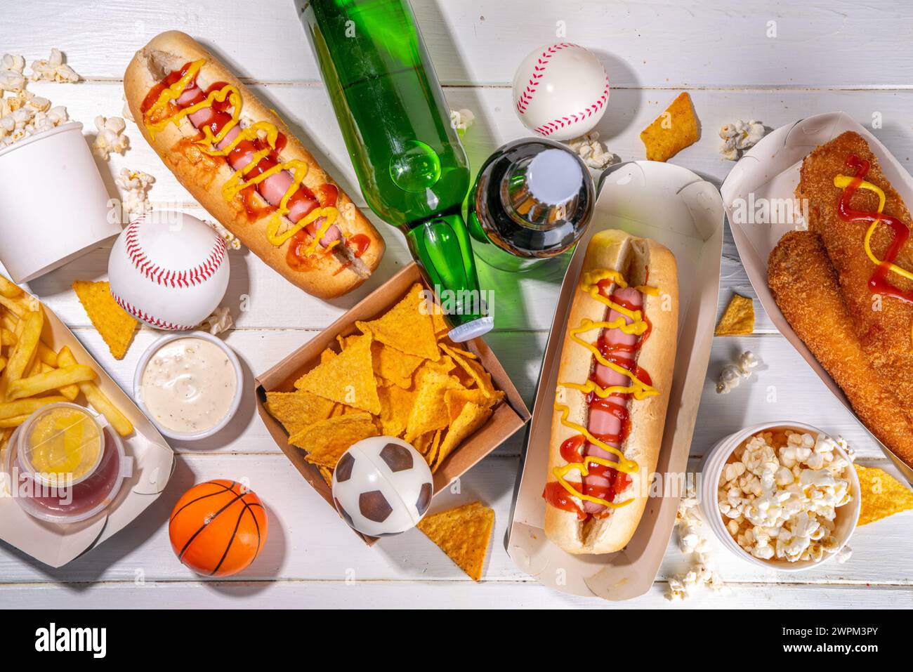 Traditional sport stadium foods and beer background, Set of various ...