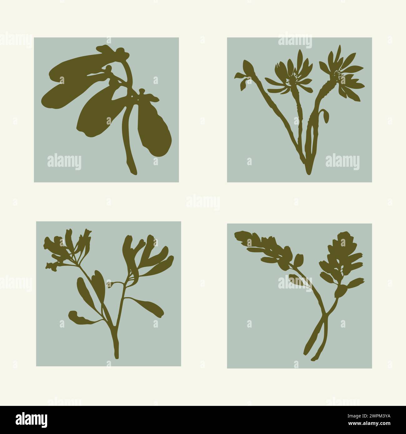 Handmade linocut pressed floral set vector motif clipart in whimsical ...