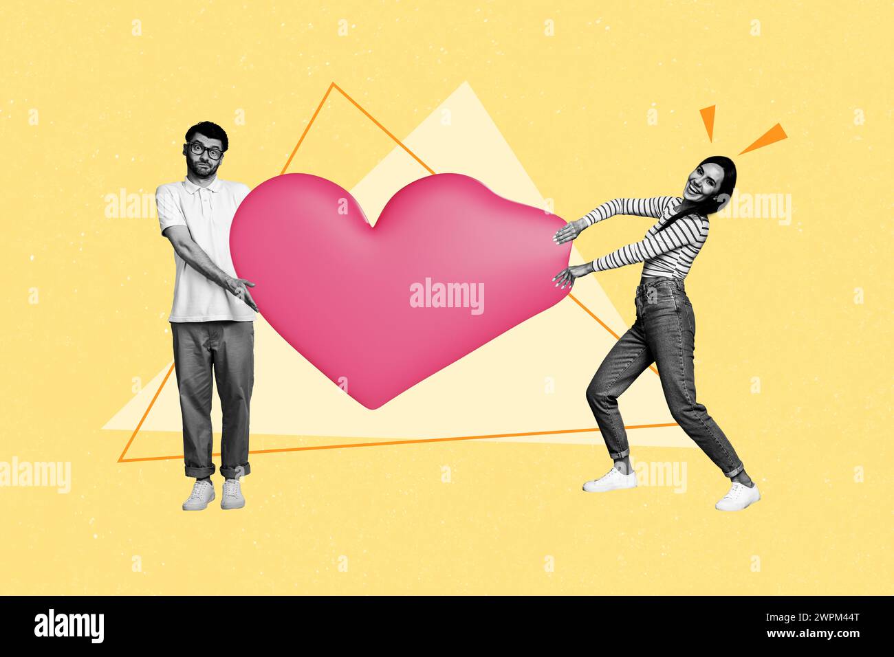 Photo collage trend artwork sketch image of black white couple hold in ...