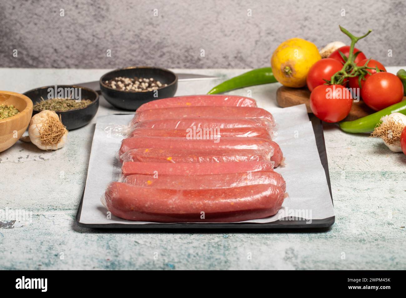 Beef Sausage. Butcher products. Raw beef sausage with gelatin on stone ...