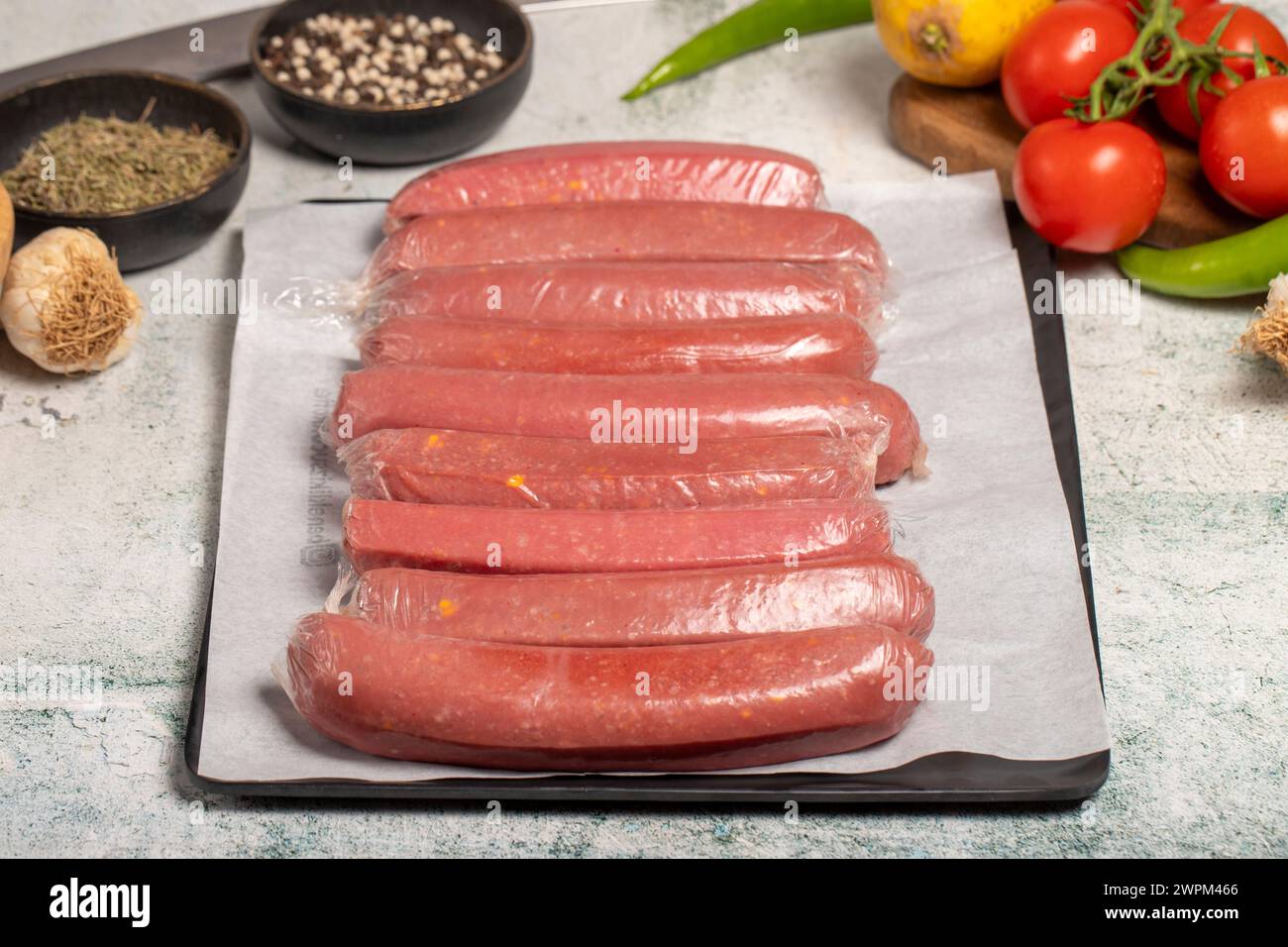 Beef Sausage. Butcher products. Raw beef sausage with gelatin on stone ...