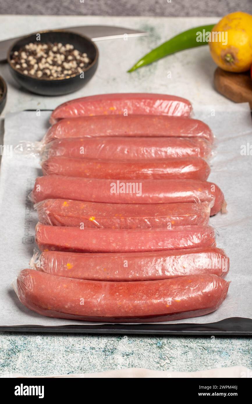 Beef Sausage. Butcher products. Raw beef sausage with gelatin on stone ...