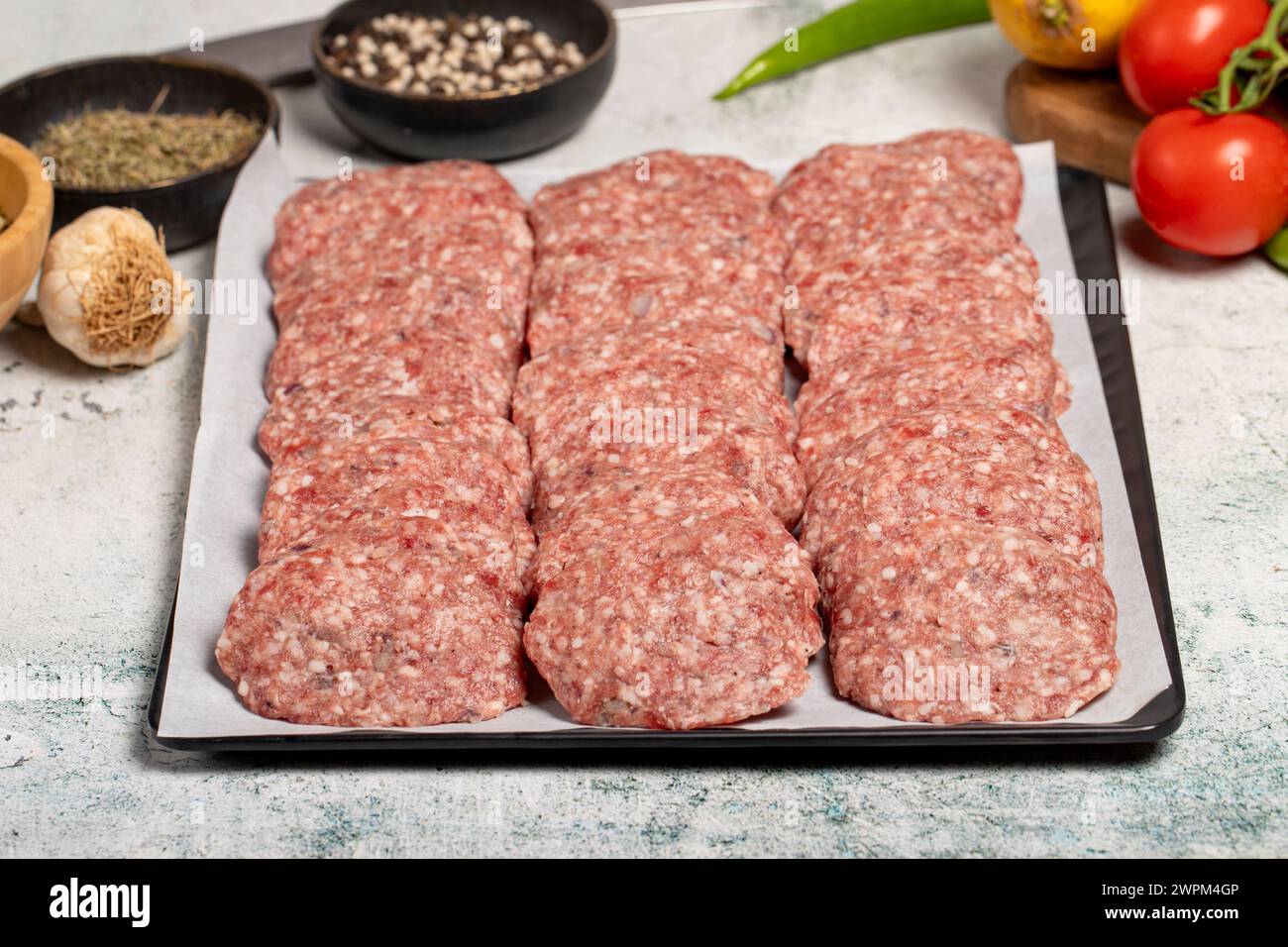 Beef meatballs. Butcher products. Raw beef meatballs on stone ...