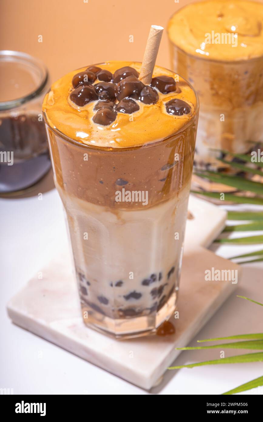 Boba dalgona coffee. Trendy asian latte morning drink with whipped ...
