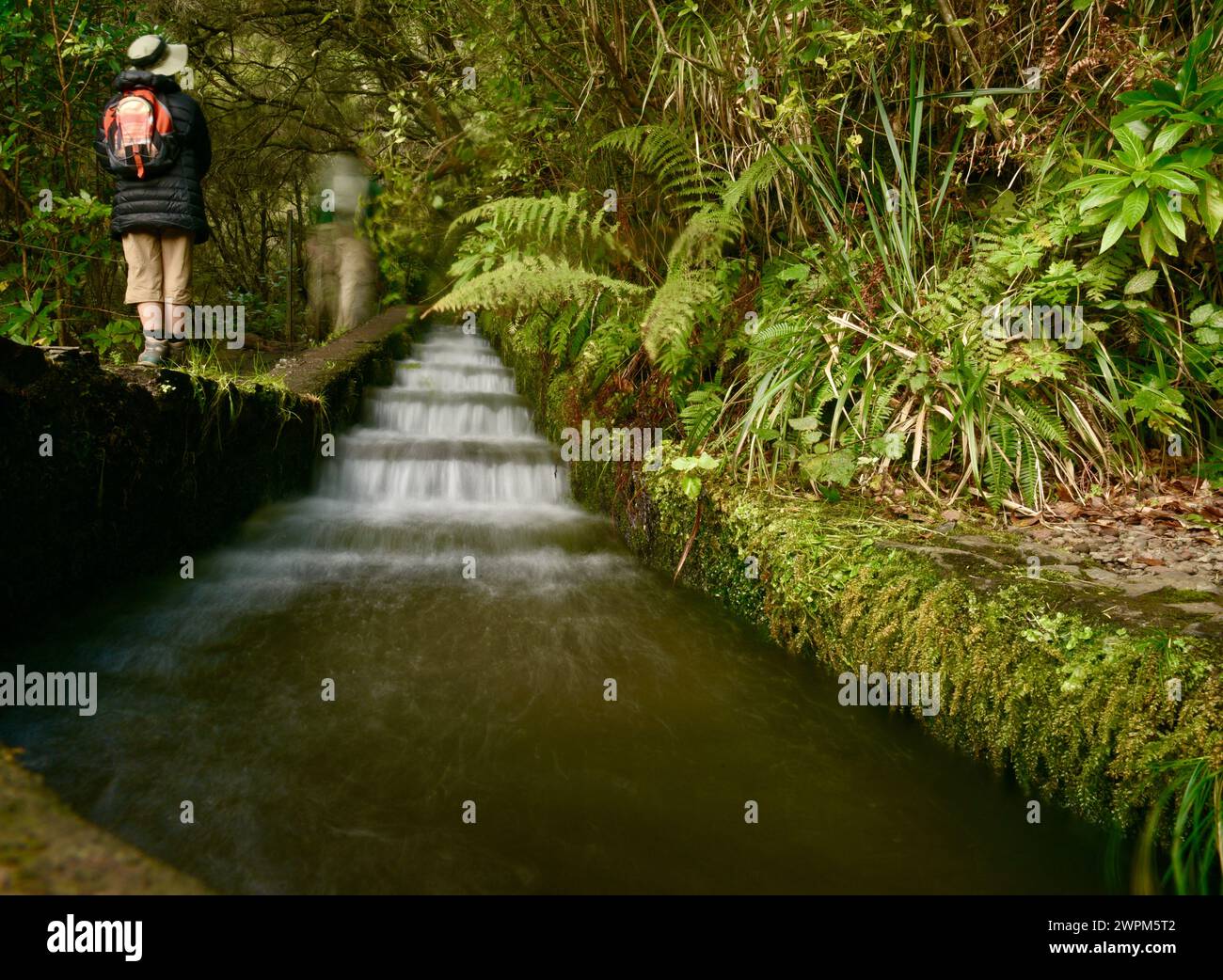 Hikers walking along narrow pathway of a agricultural waterway, levada ...