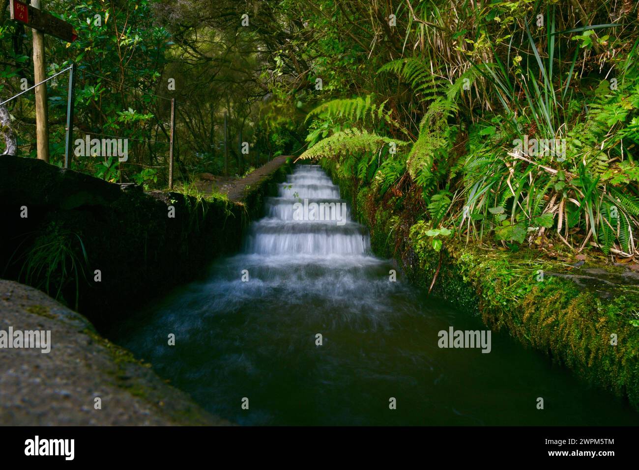Cascading agricultural canal, levada, with water flowing down along ...
