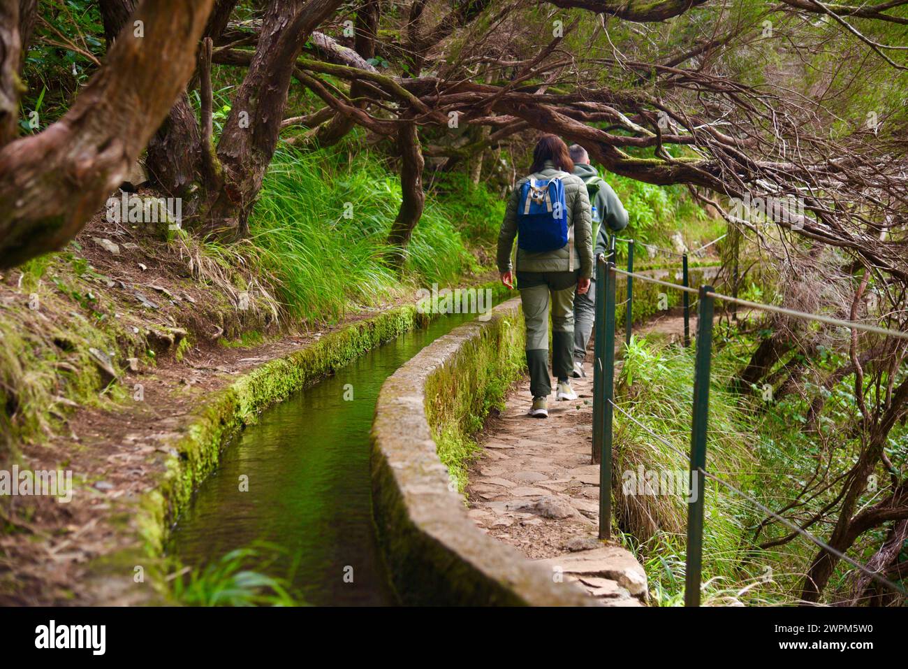 Hikers walking along narrow pathway of a agricultural waterway, levada ...