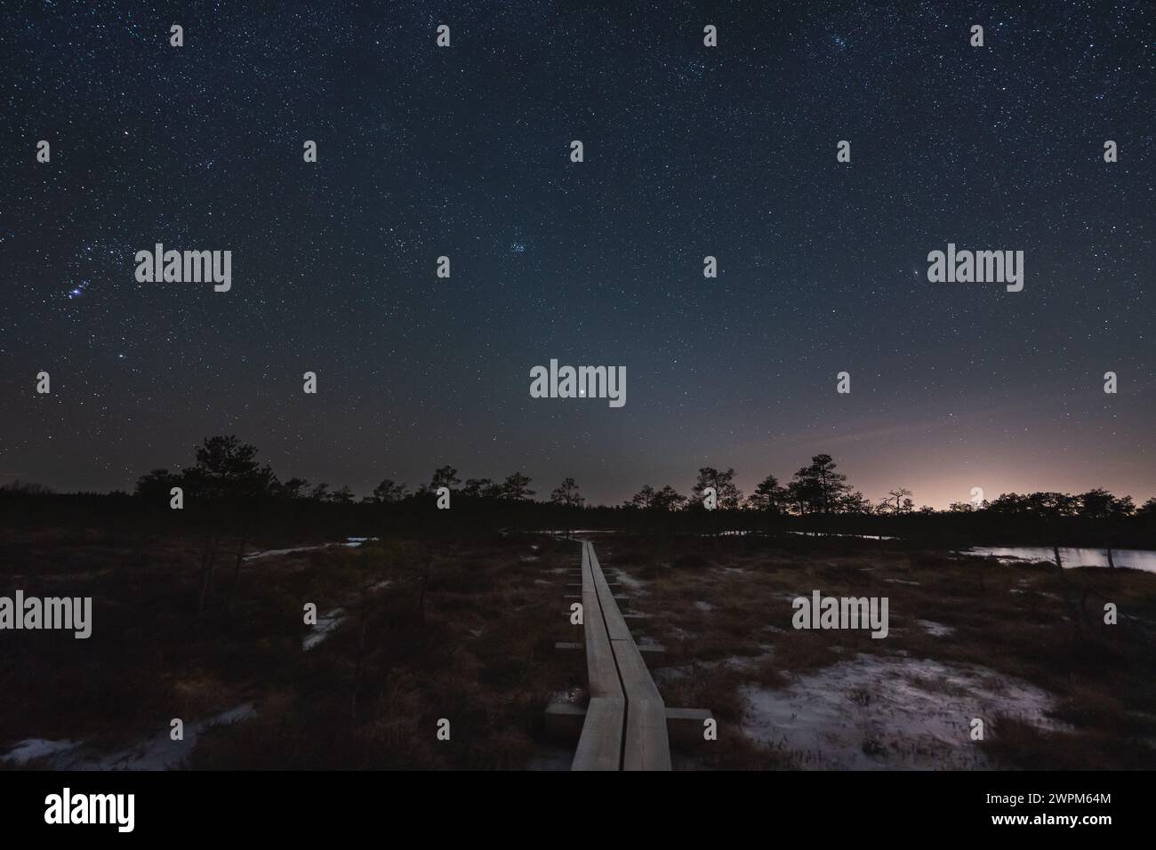 Night scene, landscape astrophoto at Seli raba, wooden path for ...