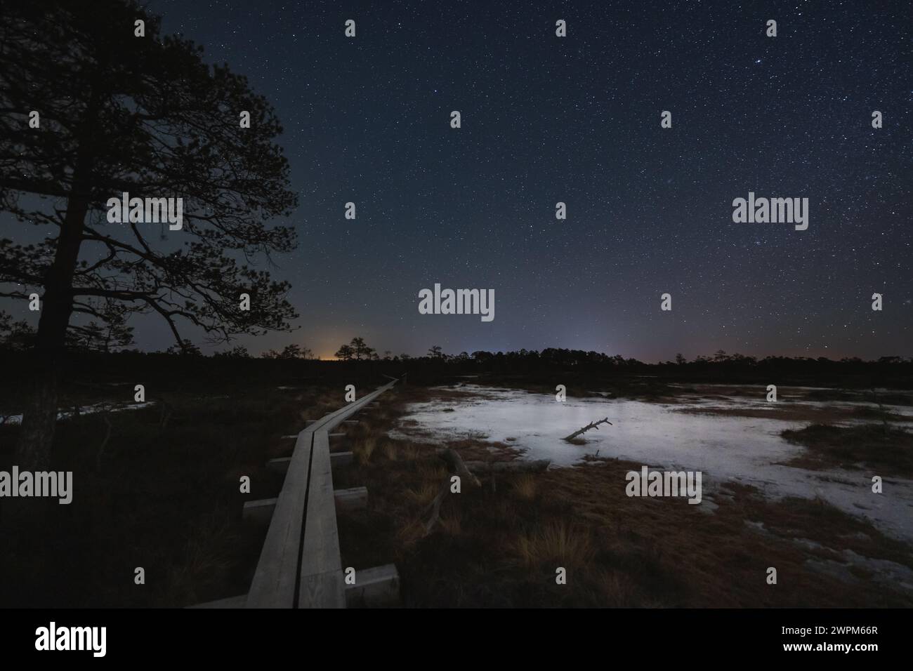 Night scene, landscape astrophoto at Seli raba, wooden path for ...