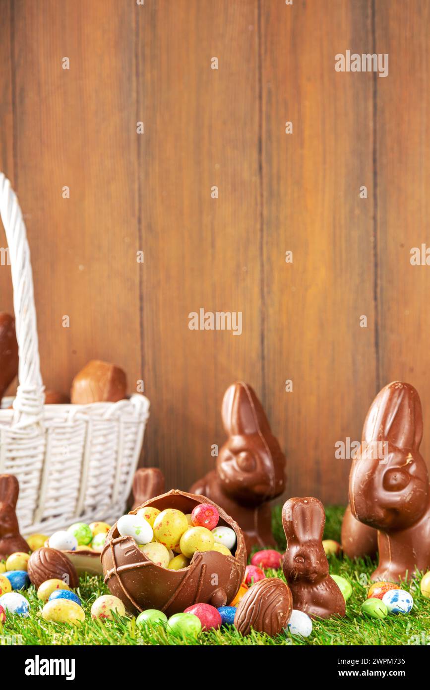 Easter egg hunting background. Various candy and chocolate Easter eggs ...
