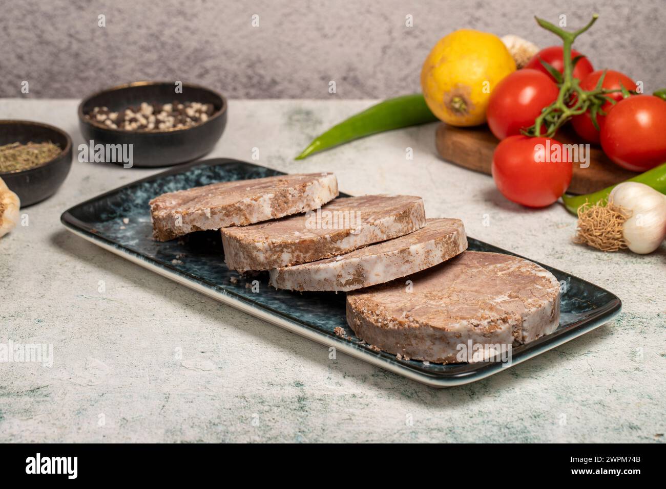 Roast beef. Butcher products. Roasting sliced beef on stone background ...