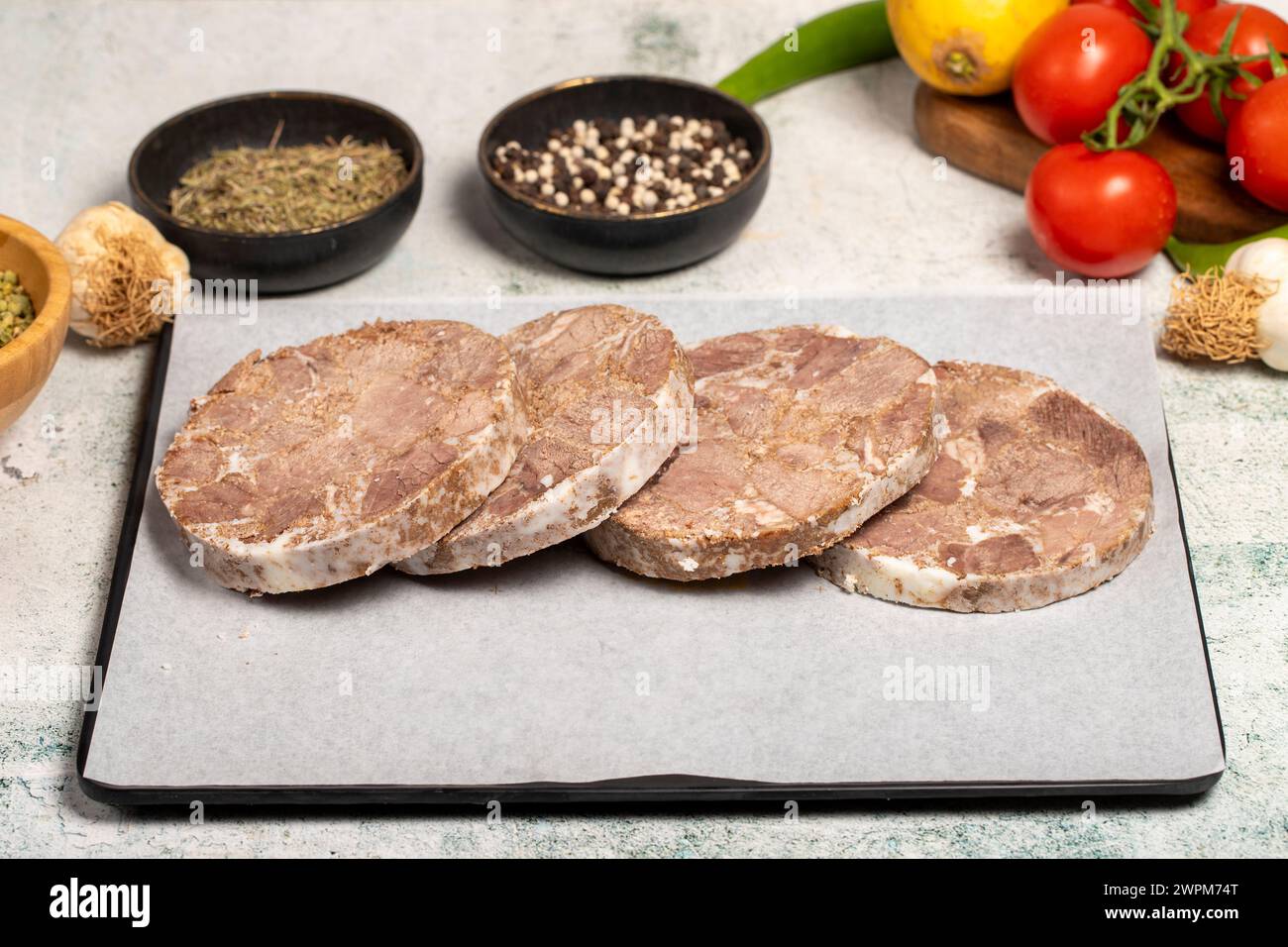 Roast beef. Butcher products. Roasting sliced beef on stone background ...