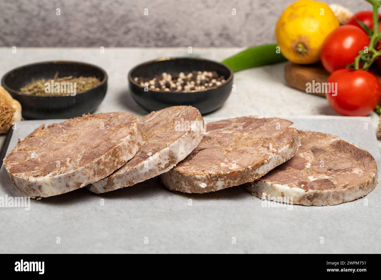 Roast beef. Butcher products. Roasting sliced beef on stone background ...