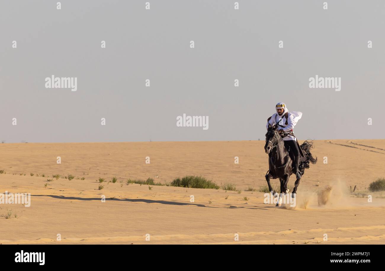 Saudi arabina man riding on his black stallion in a desert Stock Photo ...