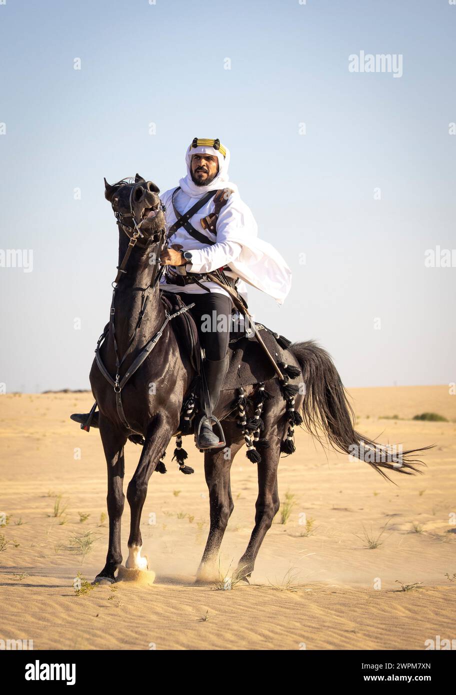Saudi arabina man riding on his black stallion in a desert Stock Photo ...
