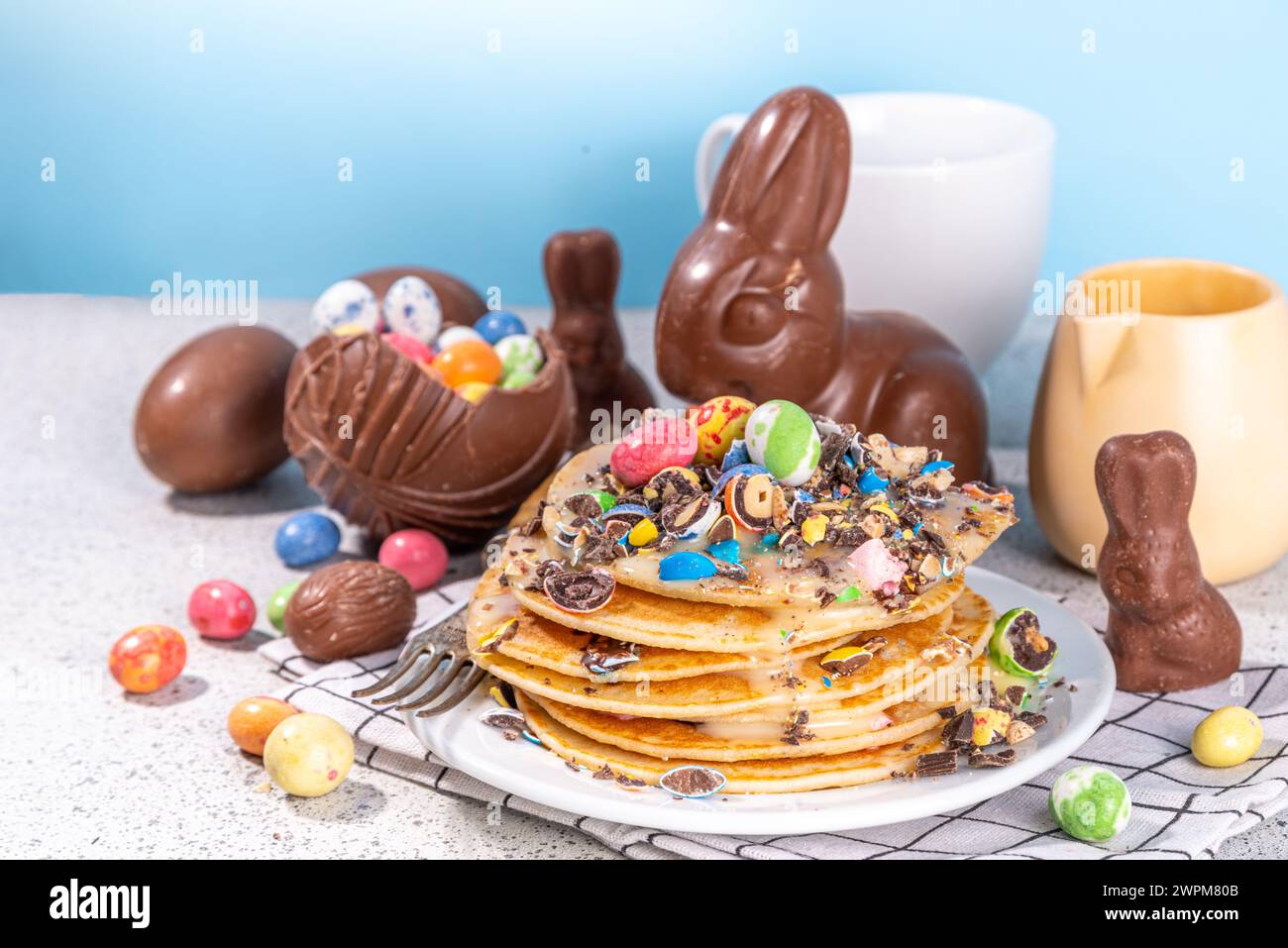 Children's funny cute breakfast for Easter. American pancakes, fried ...