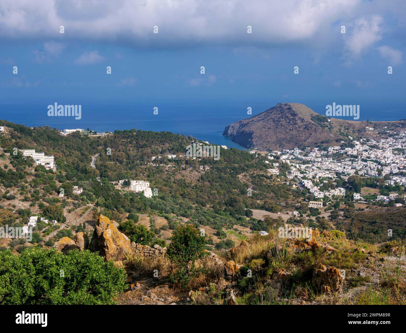View towards the Cave of the Apocalypse Church, Patmos Island ...