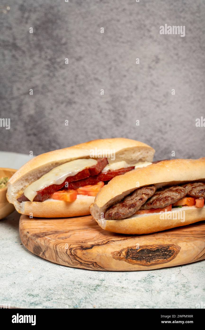 Turkish bread with kashar sausage and meatballs on the presentation ...