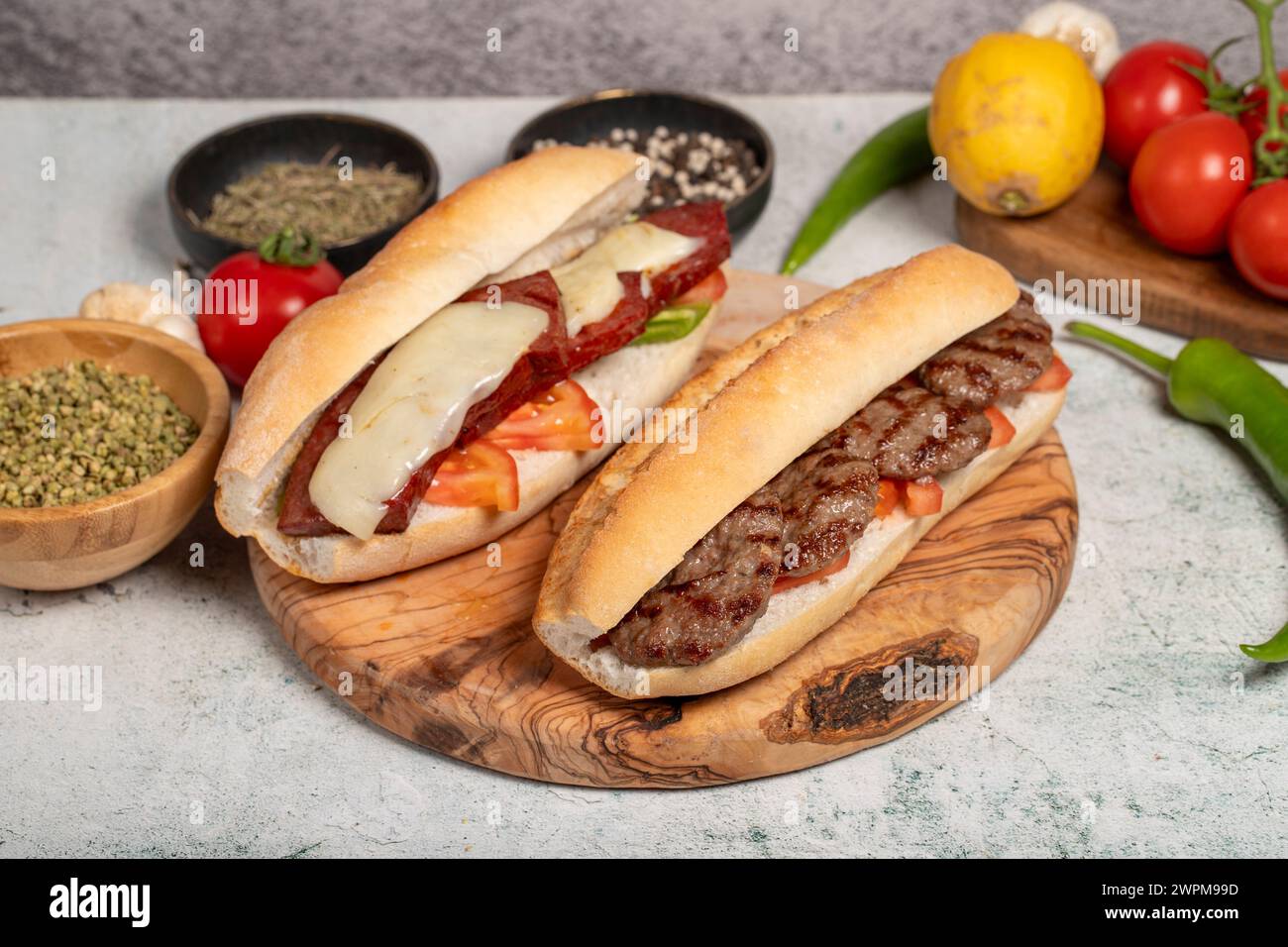 Turkish bread with kashar sausage and meatballs on the presentation ...